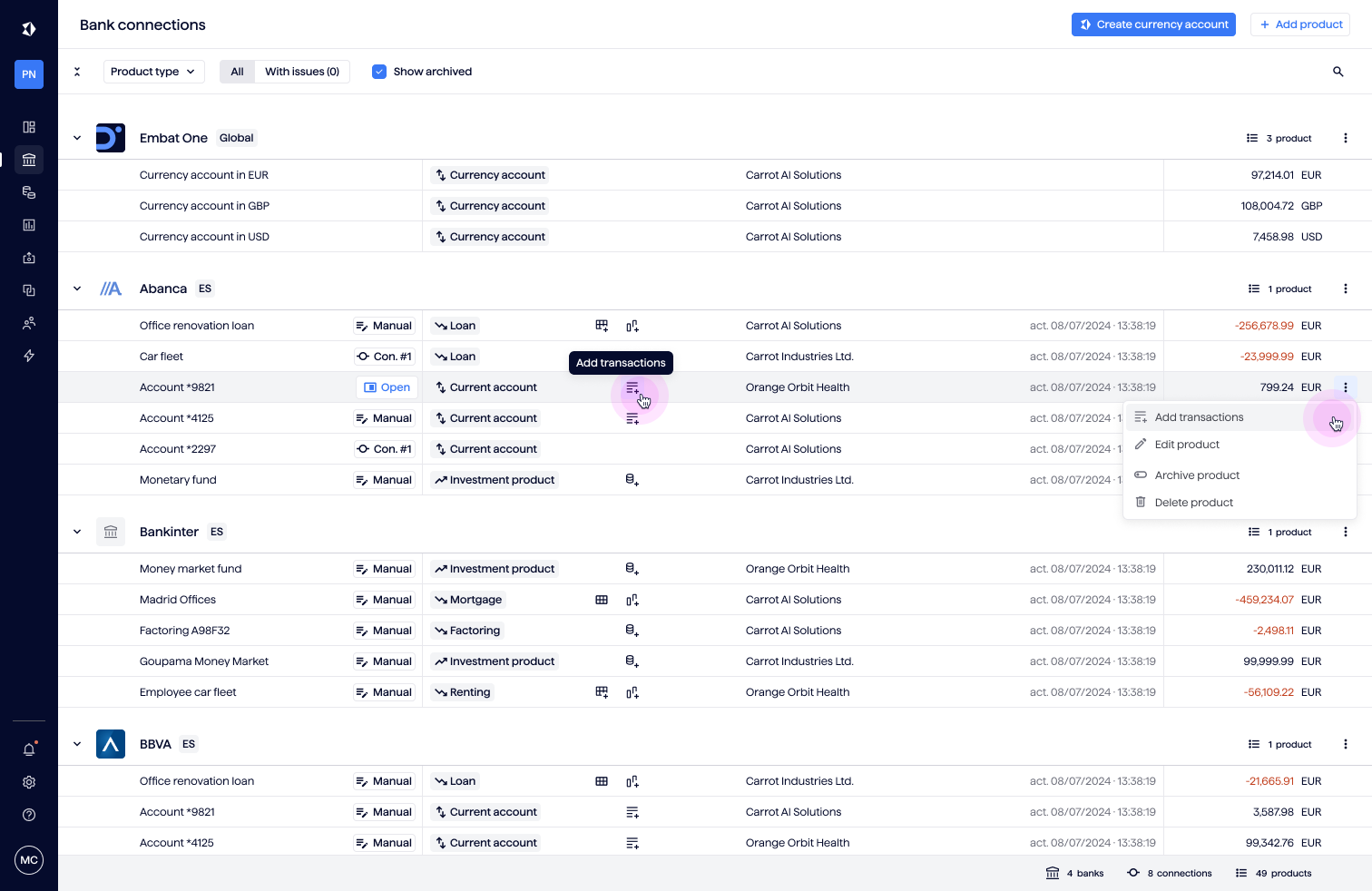 Add manual transactions to a bank product – Embat Help Center