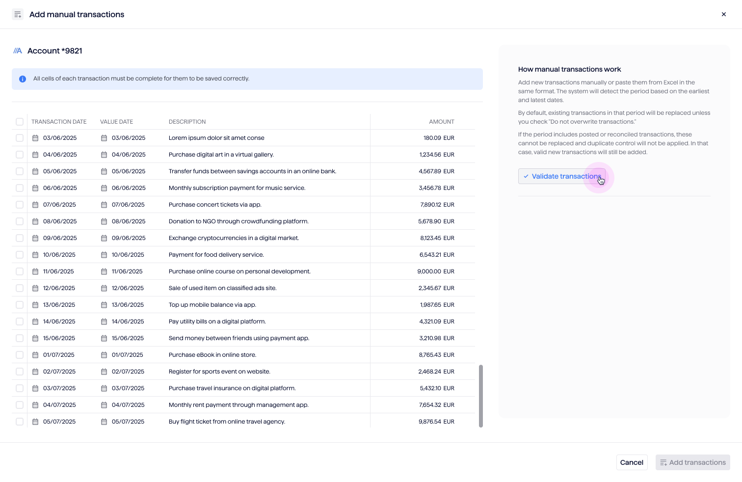 Add manual transactions to a bank product – Embat Help Center